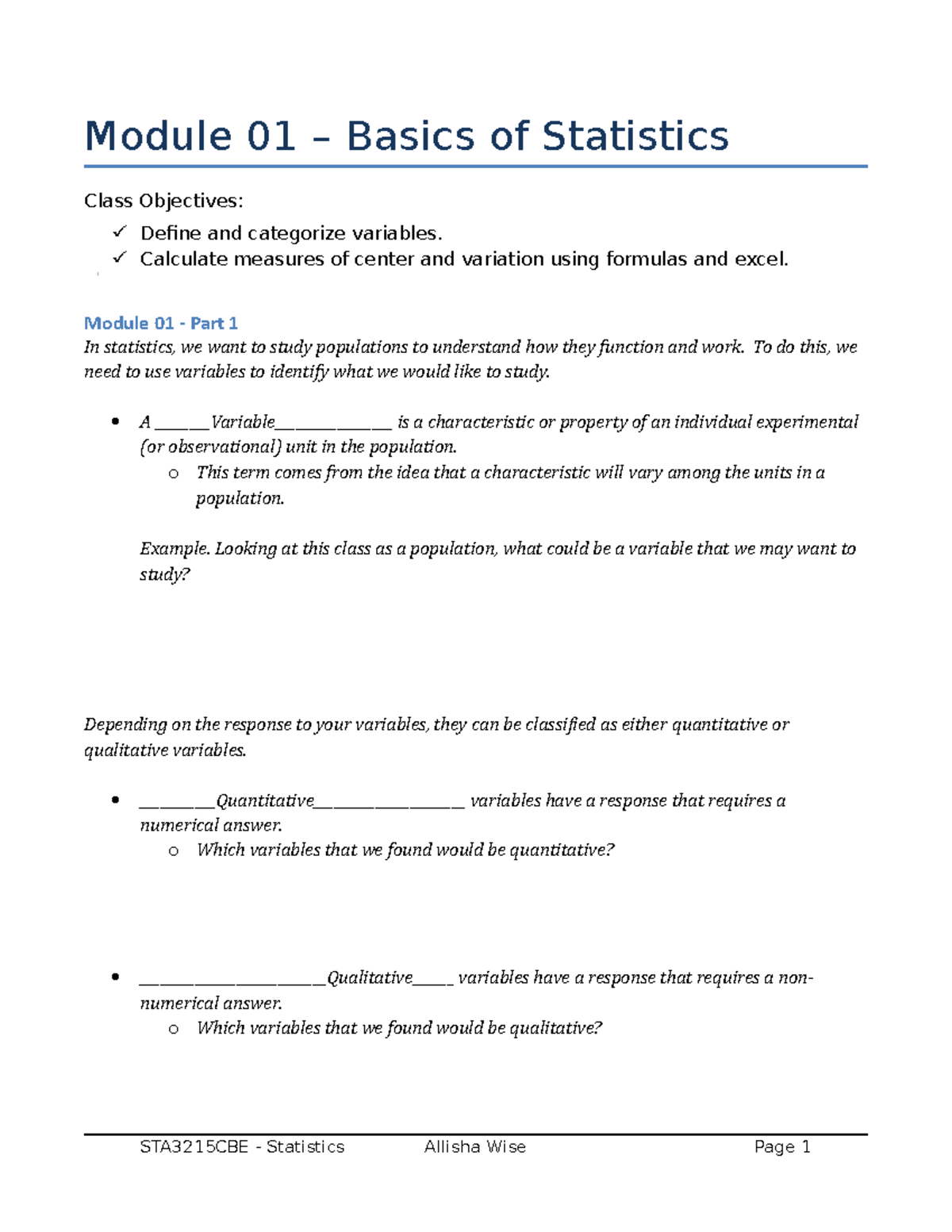 Module 01 Live Classroom Notes - Module 01 – Basics of Statistics Class ...