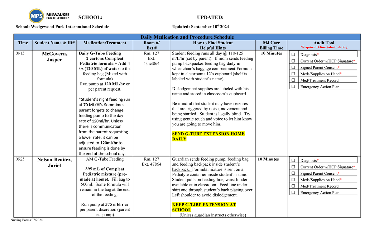 Medication & Procedure Schedule 07-2024 - School: Wedgewood Park ...