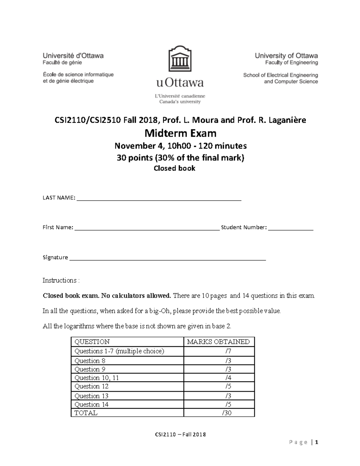 Midterm CSI 2110 2018 - CSI2110 - uOttawa - Studocu