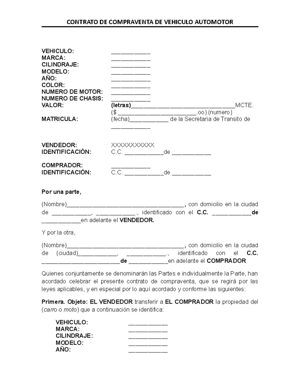 Modelo Compraventa DE Vehiculo - CONTRATO DE COMPRAVENTA DE VEHICULO ...