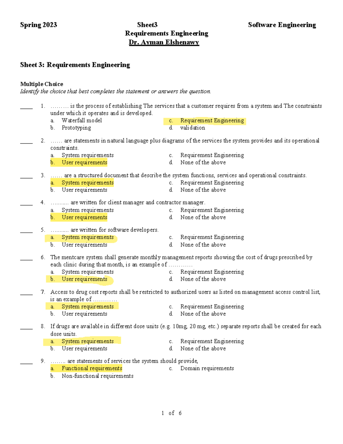 Sheet 3-Requirements Engineering - Requirements Engineering Dr. Ayman ...