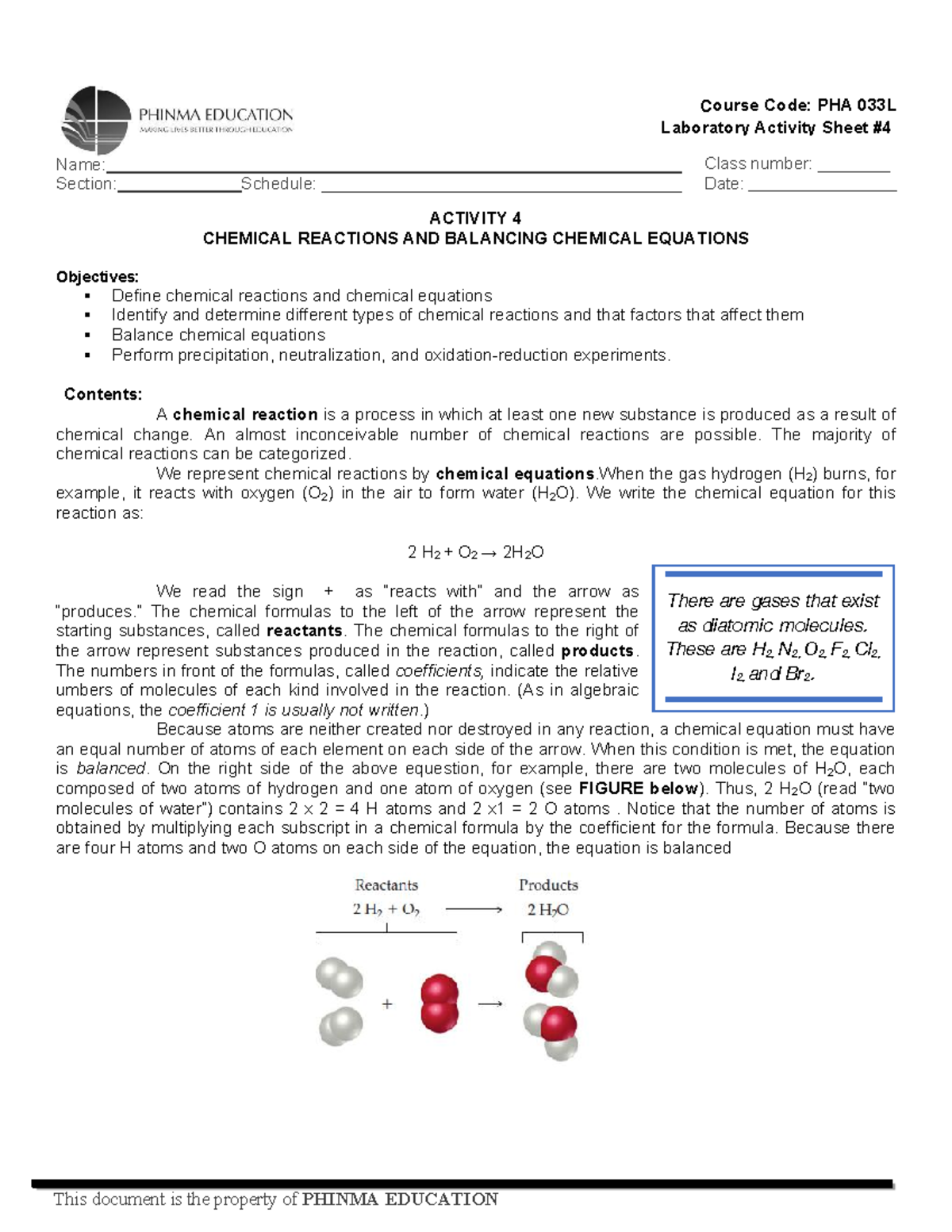 PHA 033L LAS 4 Module 4 Chemical reactions and chemical equations ...