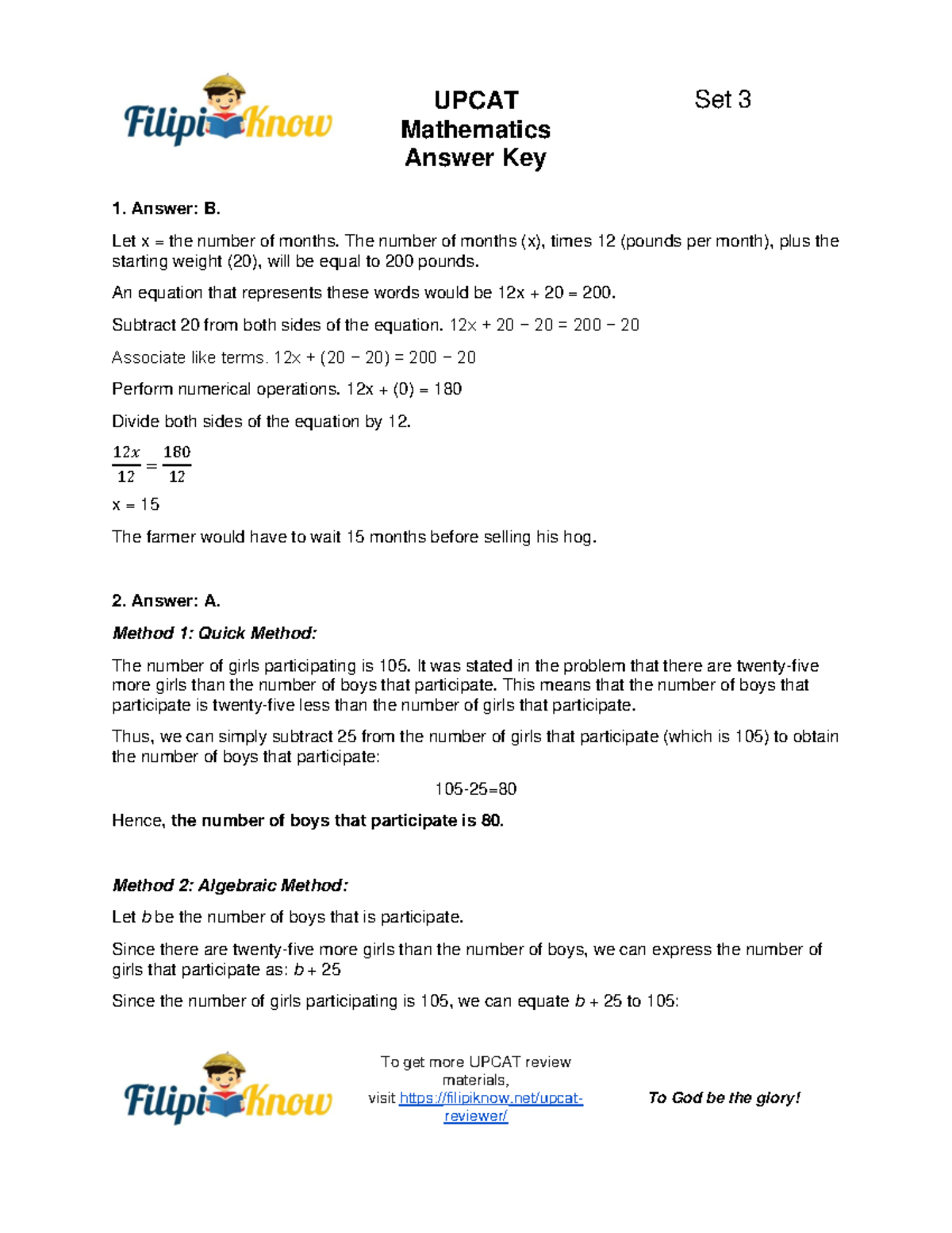 [ Upcat] Set 3 Mathematics Answer Keys - UPCAT Mathematics Answer Key ...
