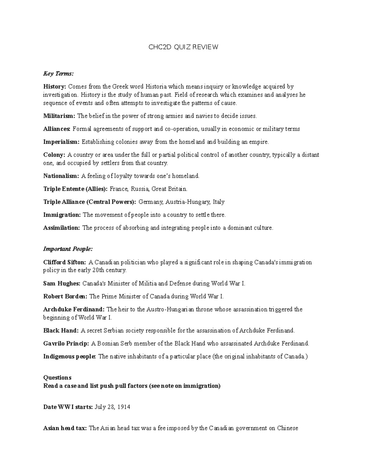 CHC2D QUIZ Review - history cheat sheet - CHC2D QUIZ REVIEW Key Terms ...
