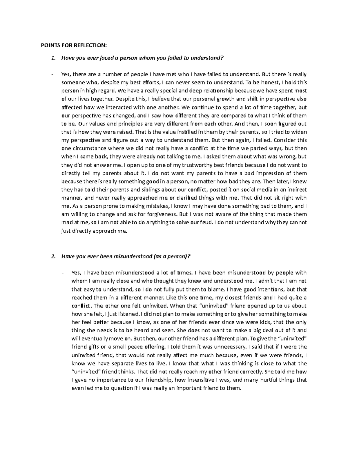 Reflection on Human Person - POINTS FOR REFLECTION: Have you ever faced ...