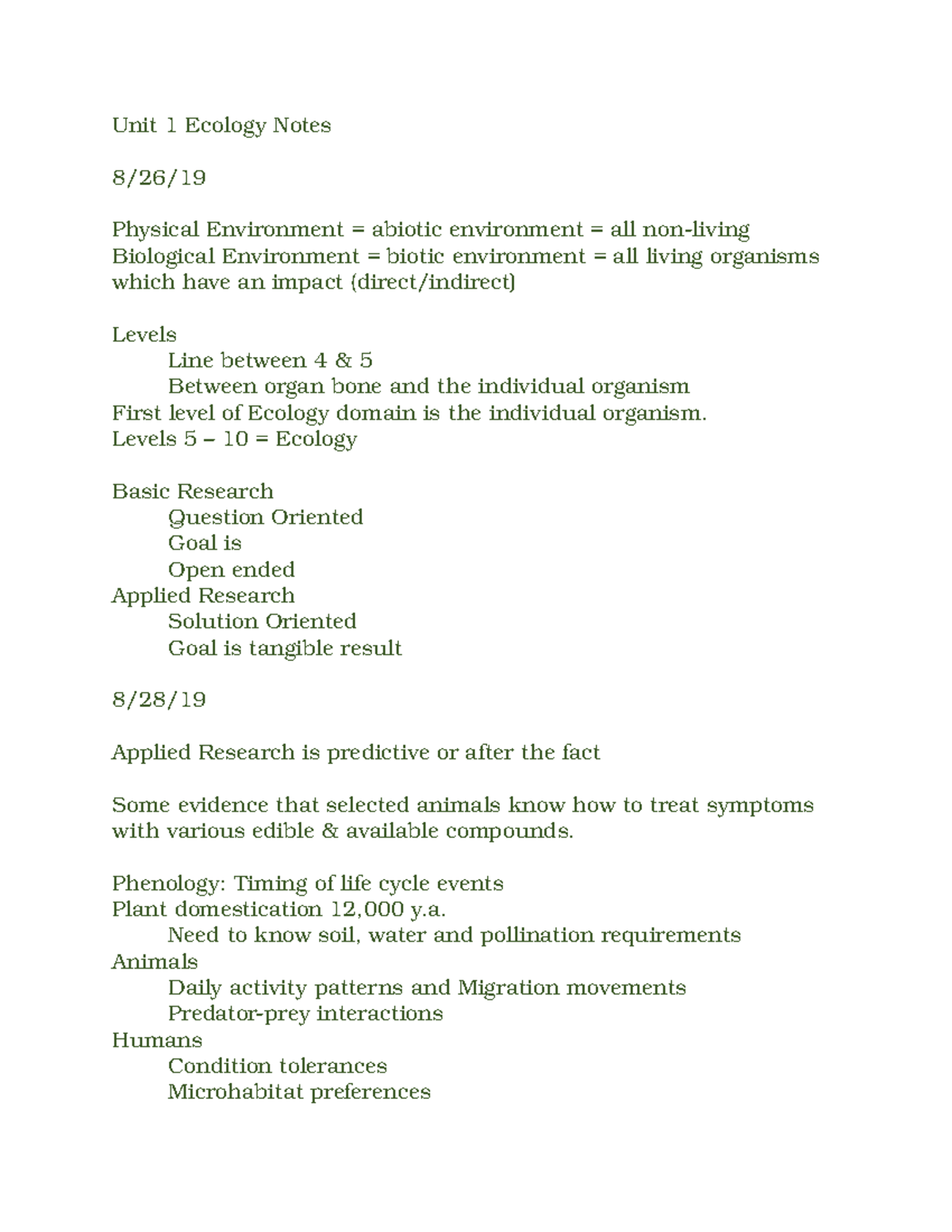 Exam 1 Ecology Notes - Unit 1 Ecology Notes 8/26/ Physical Environment ...