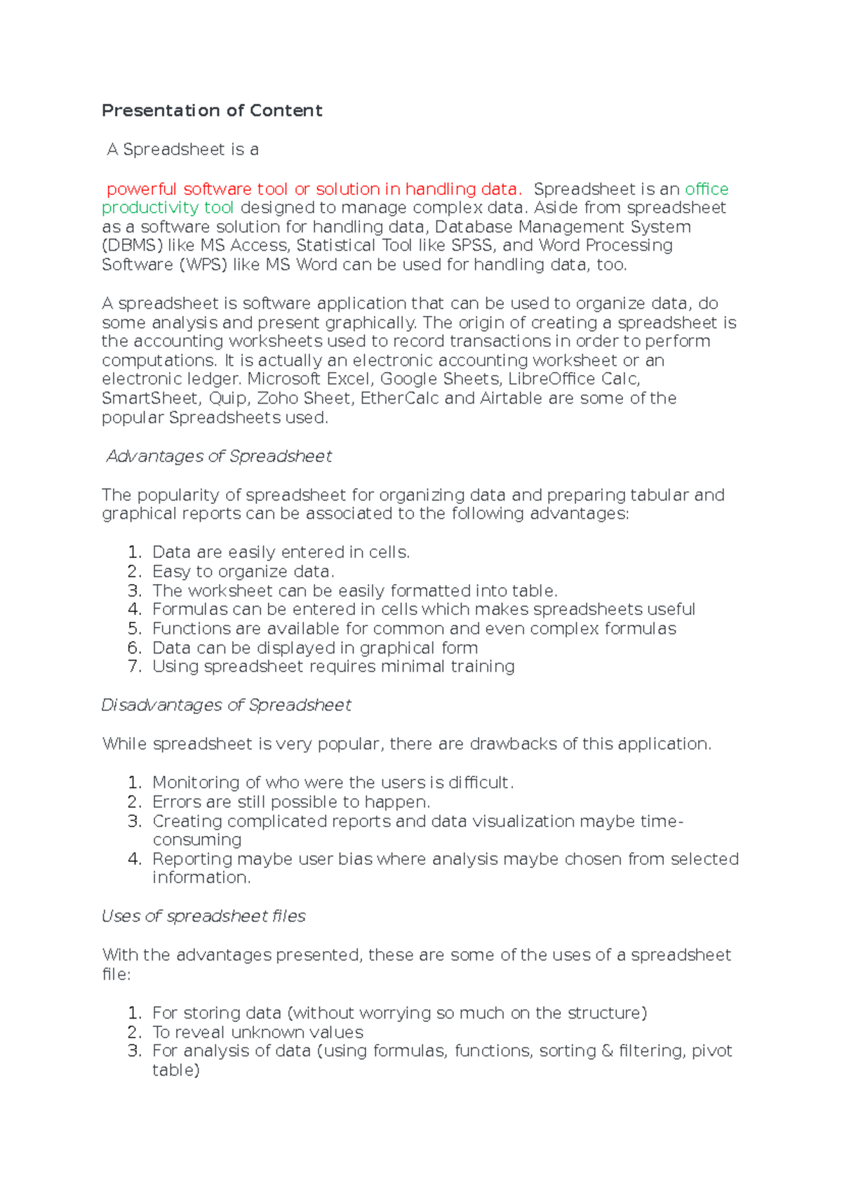 Presentation of Content - Spreadsheet is an office productivity tool ...