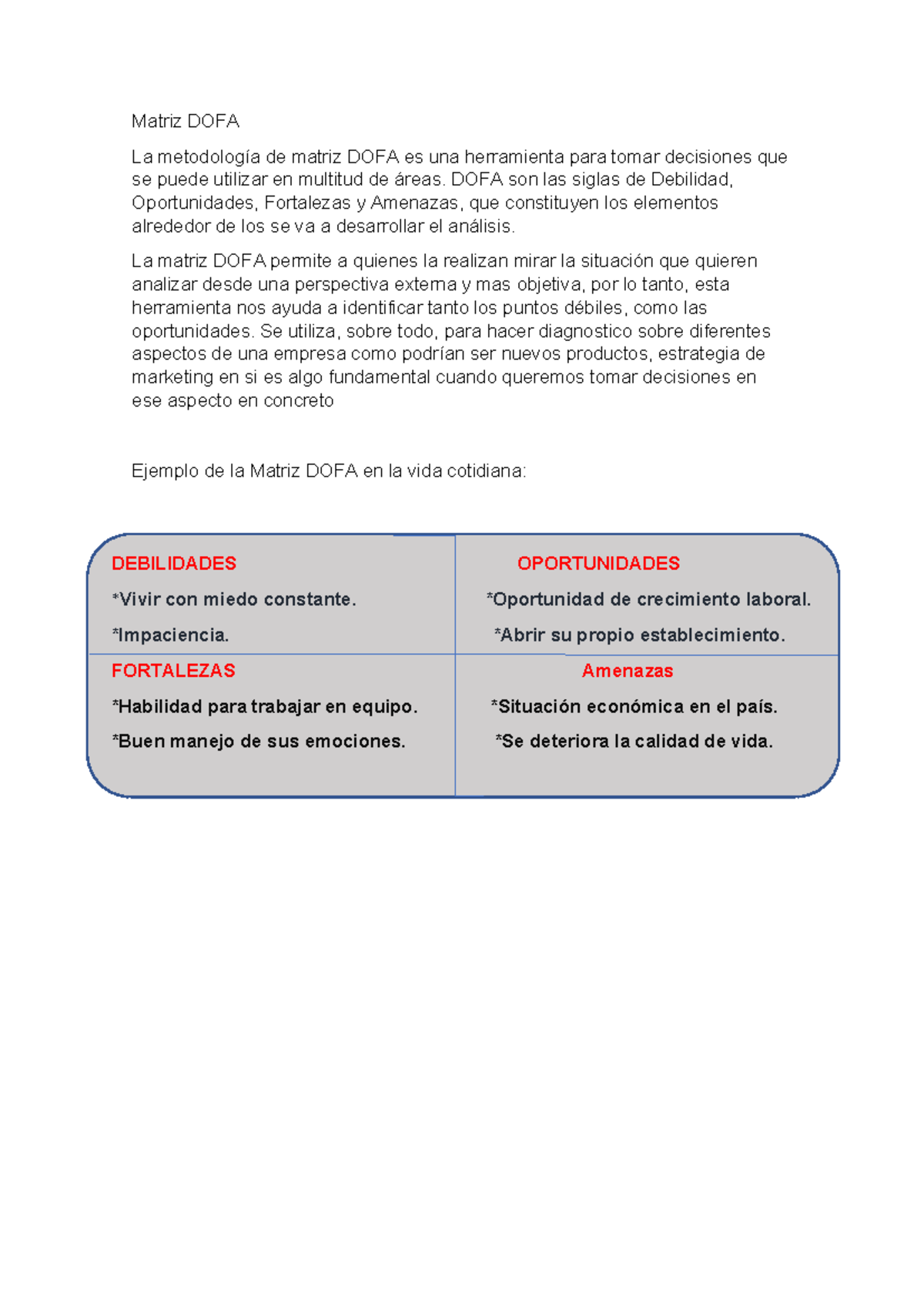 Matriz DOFA Fundamentos - Matriz DOFA La metodología de matriz DOFA es una herramienta para ...