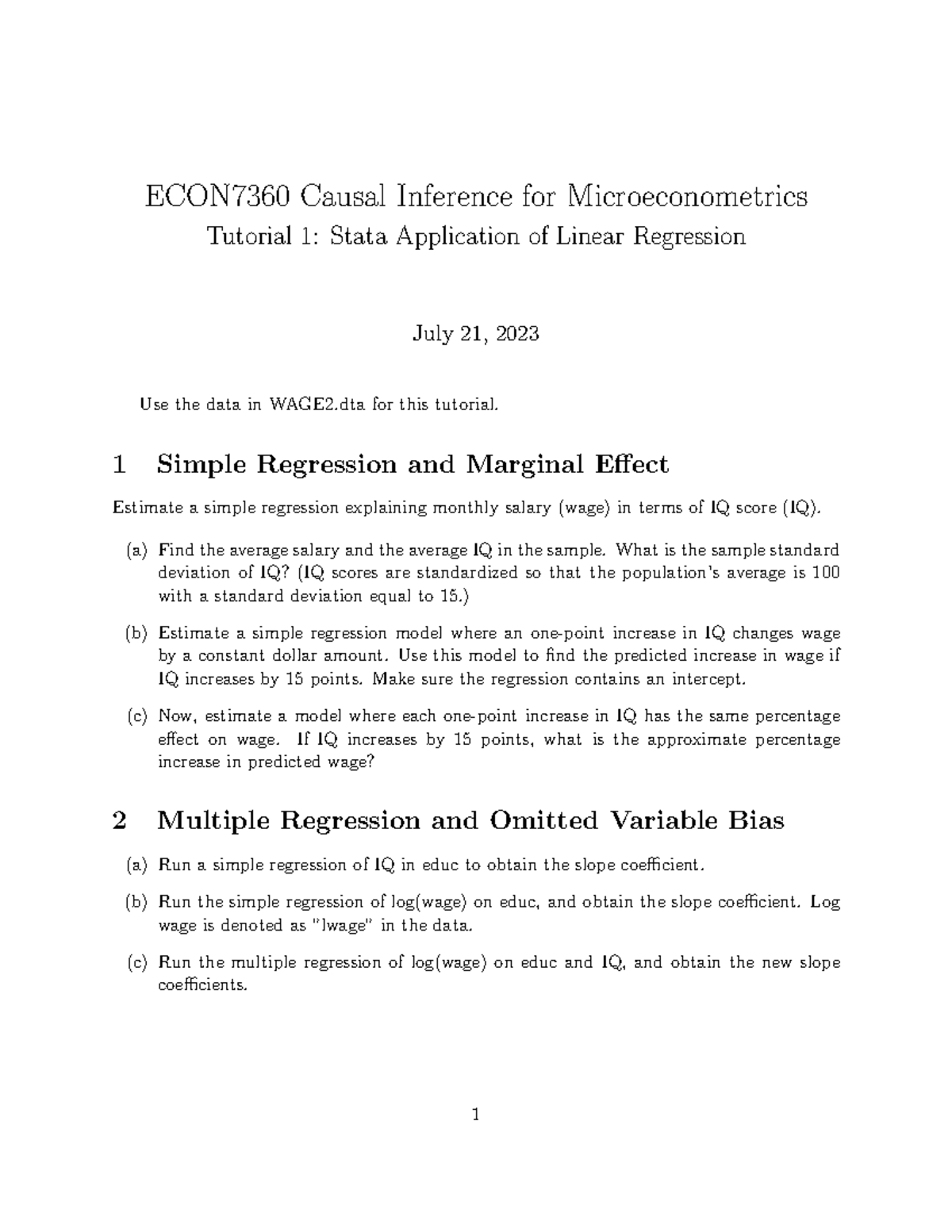 T1Q - Tutorial questions - ECON7360 Causal Inference for Microeconometrics Tutorial 1: Stata ...