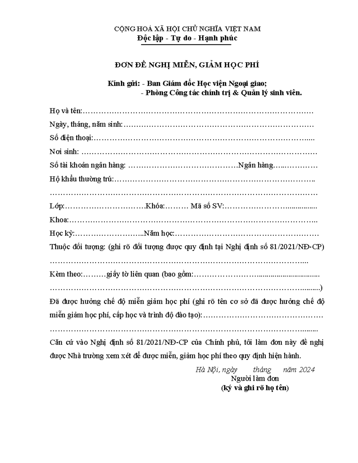 Đơn xin Miễn giảm học phí - CỘNG HOÀ XÃ HỘI CHỦ NGHĨA VIỆT NAM Độc lập ...