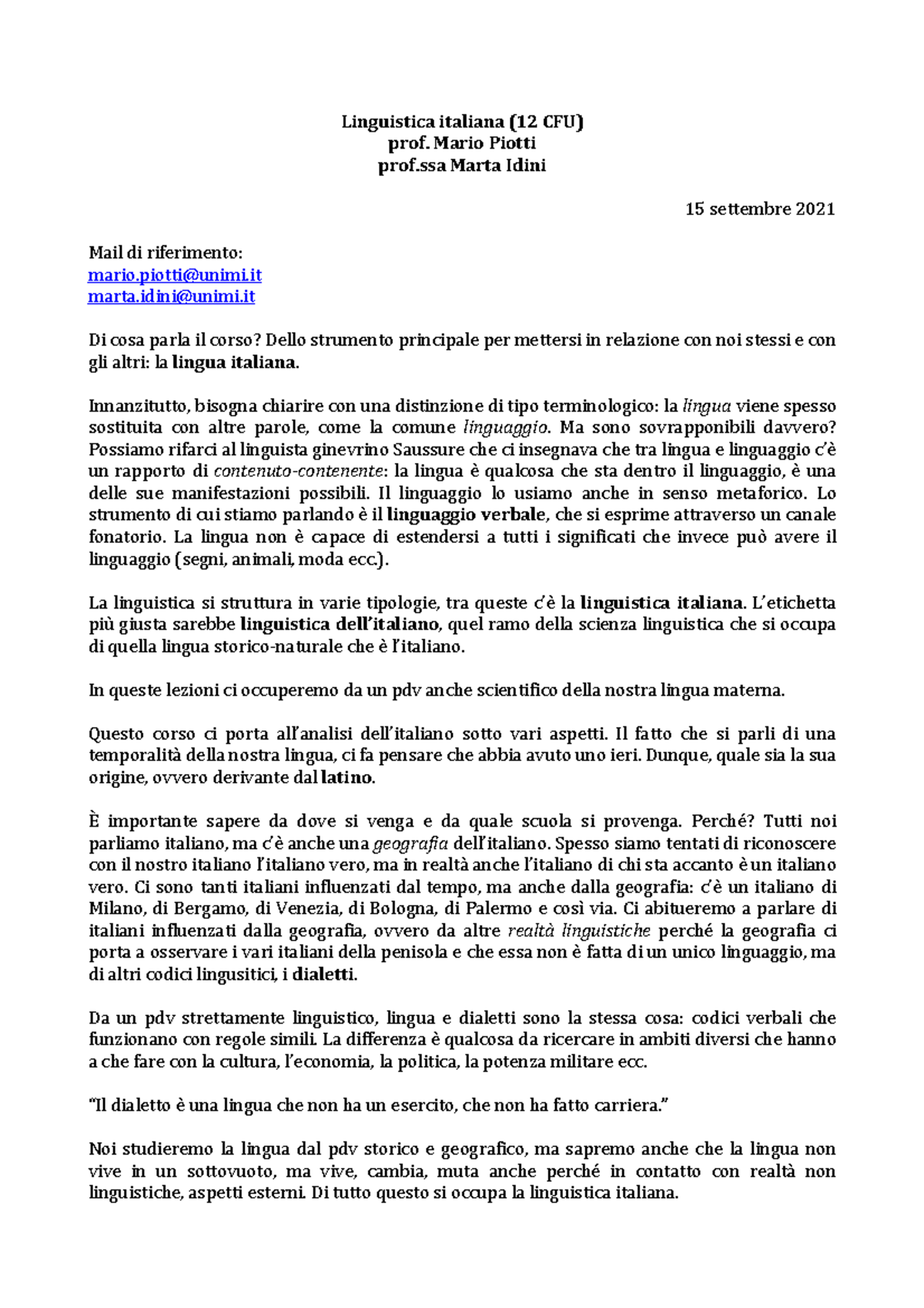 Appunti Linguistica italiana - Linguistica italiana (12 CFU) prof ...
