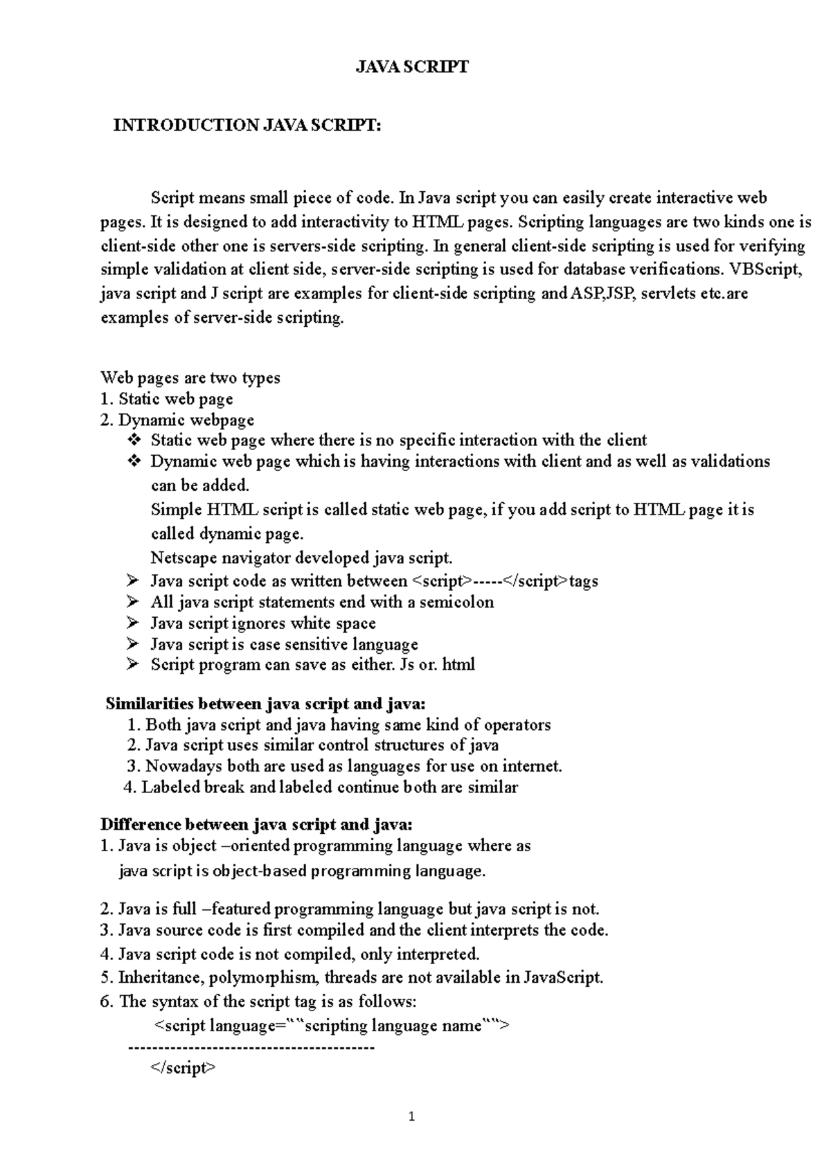 Ajwt Unit 1 Part 1 Notes For The Btech Java Script Introduction Java Script Script Means