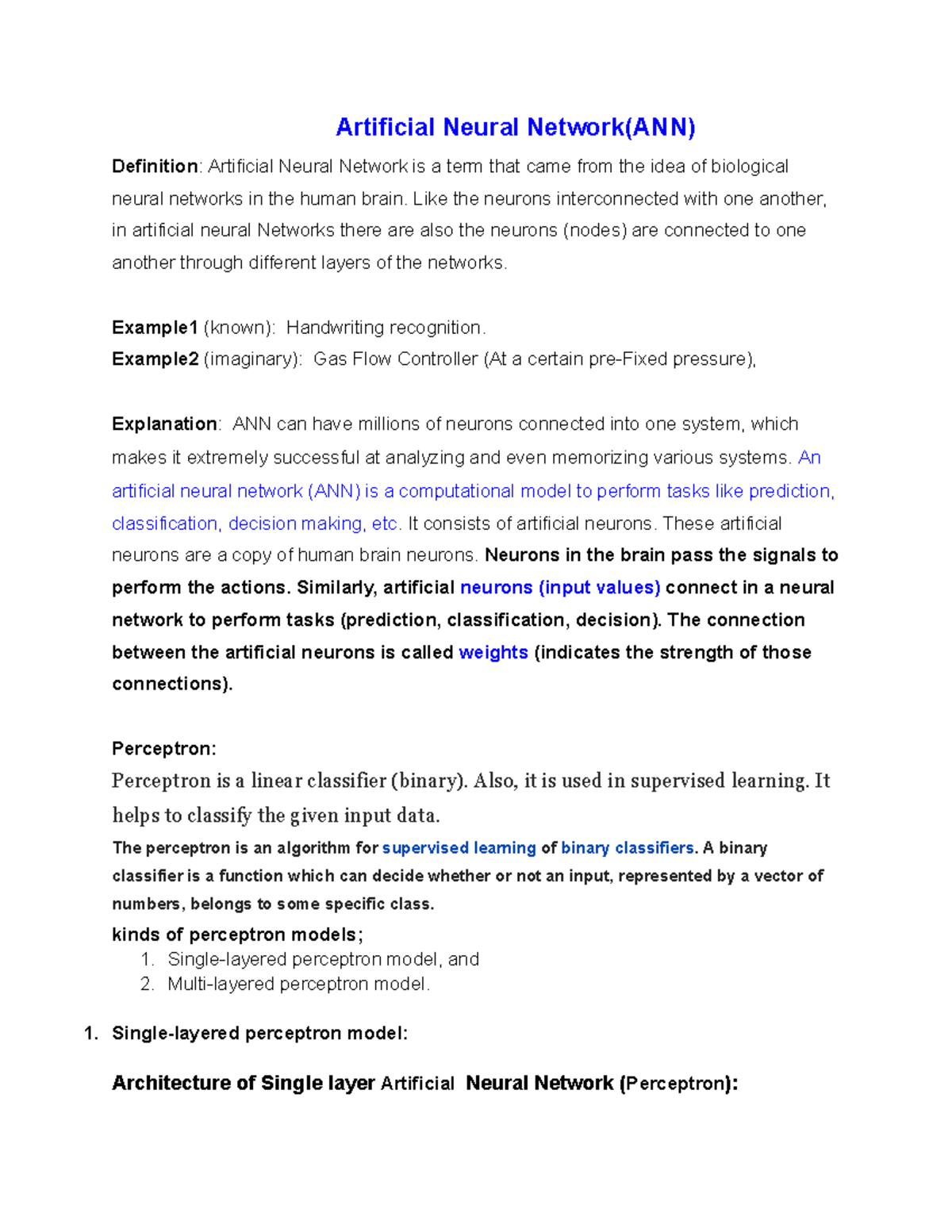 ANN Documents Lecture notes with example - Artificial Neural Network ...