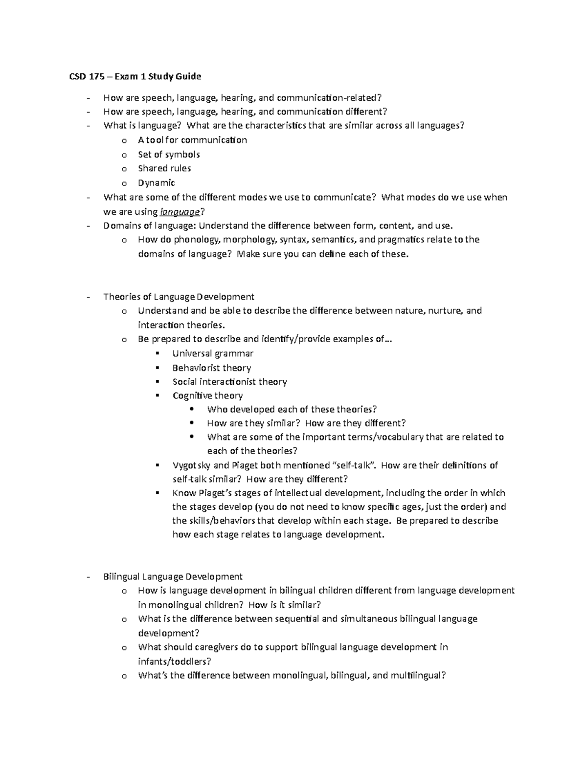 175 EXAM 1 Study Guide - CSD 175 – Exam 1 Study Guide How are speech ...