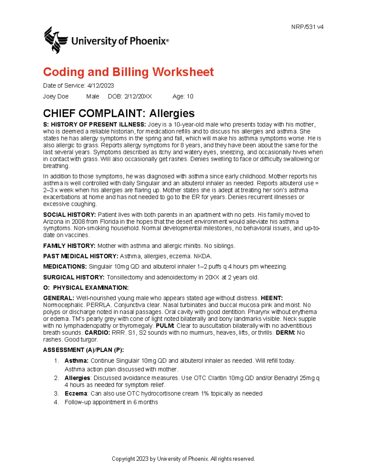 Nrp531 v4 wk2 coding and billing worksheet - NRP/531 v Coding and ...