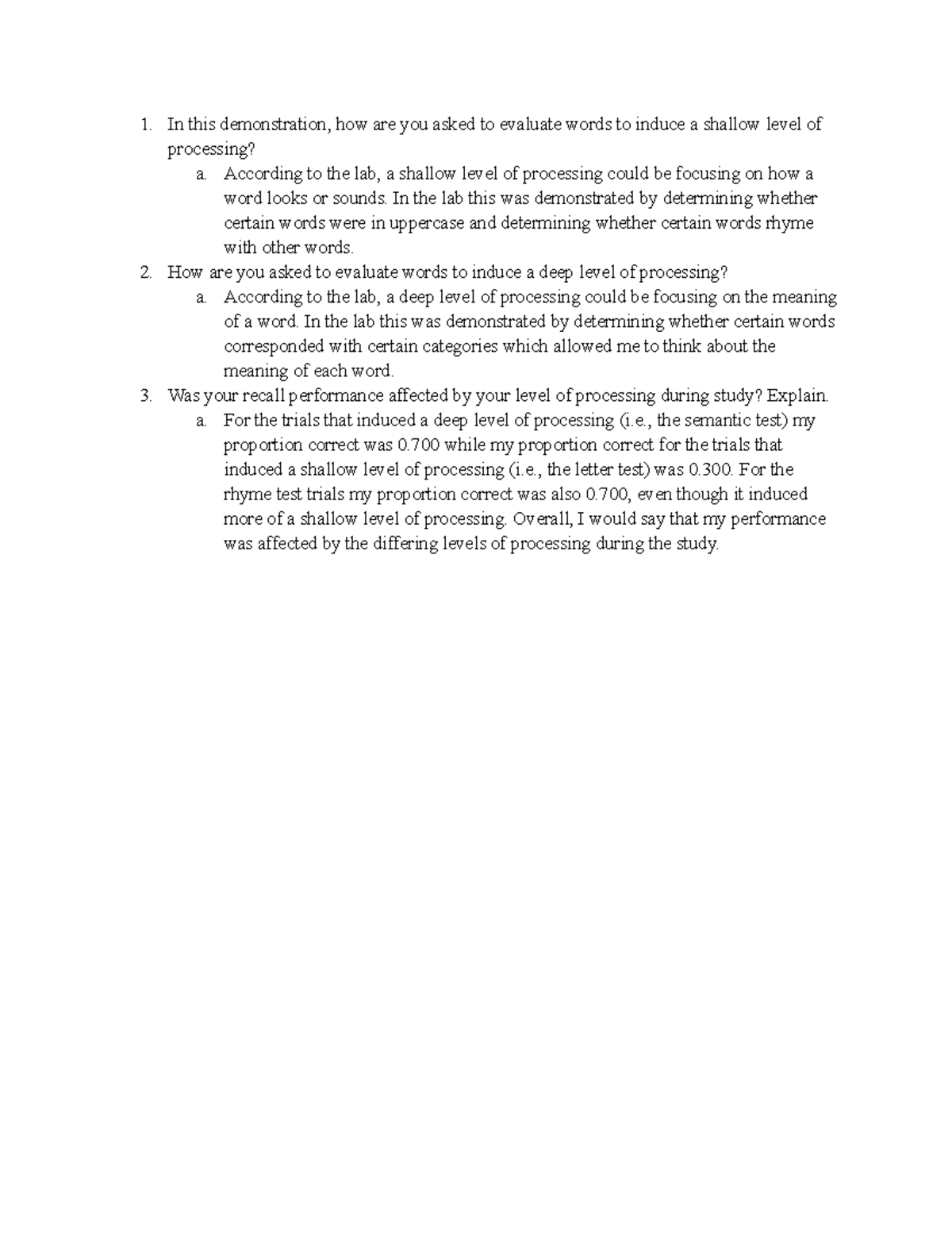 Levels of Processing Coglab Response - In this demonstration, how are ...