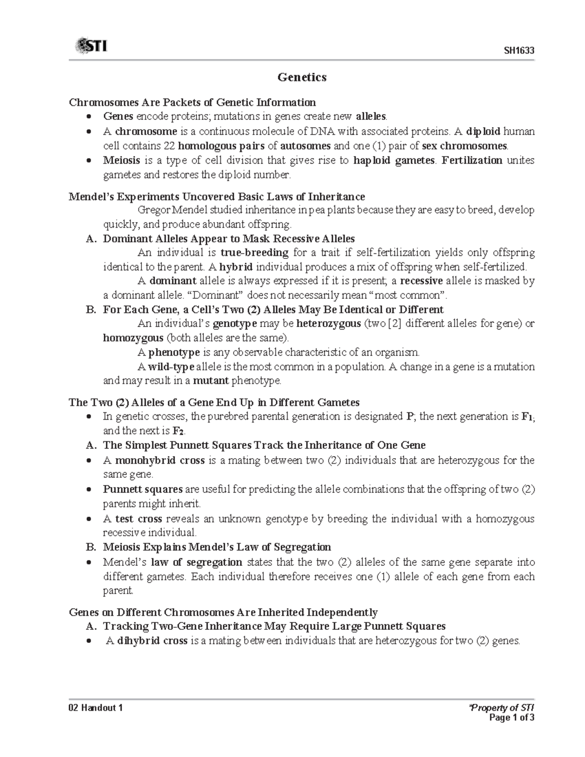 02 Handout 1 - Genetics - SH 02 Handout 1 *Property of STI Page 1 of 3 ...