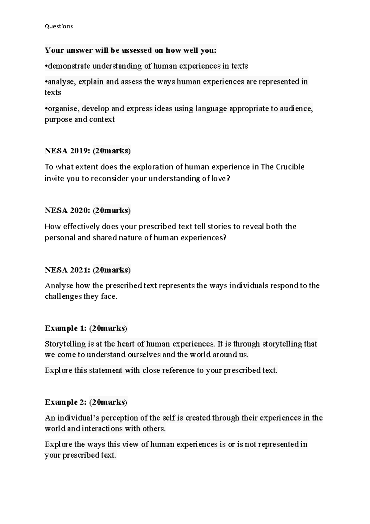 Paper 1 qs - English long response practice - Your answer will be ...