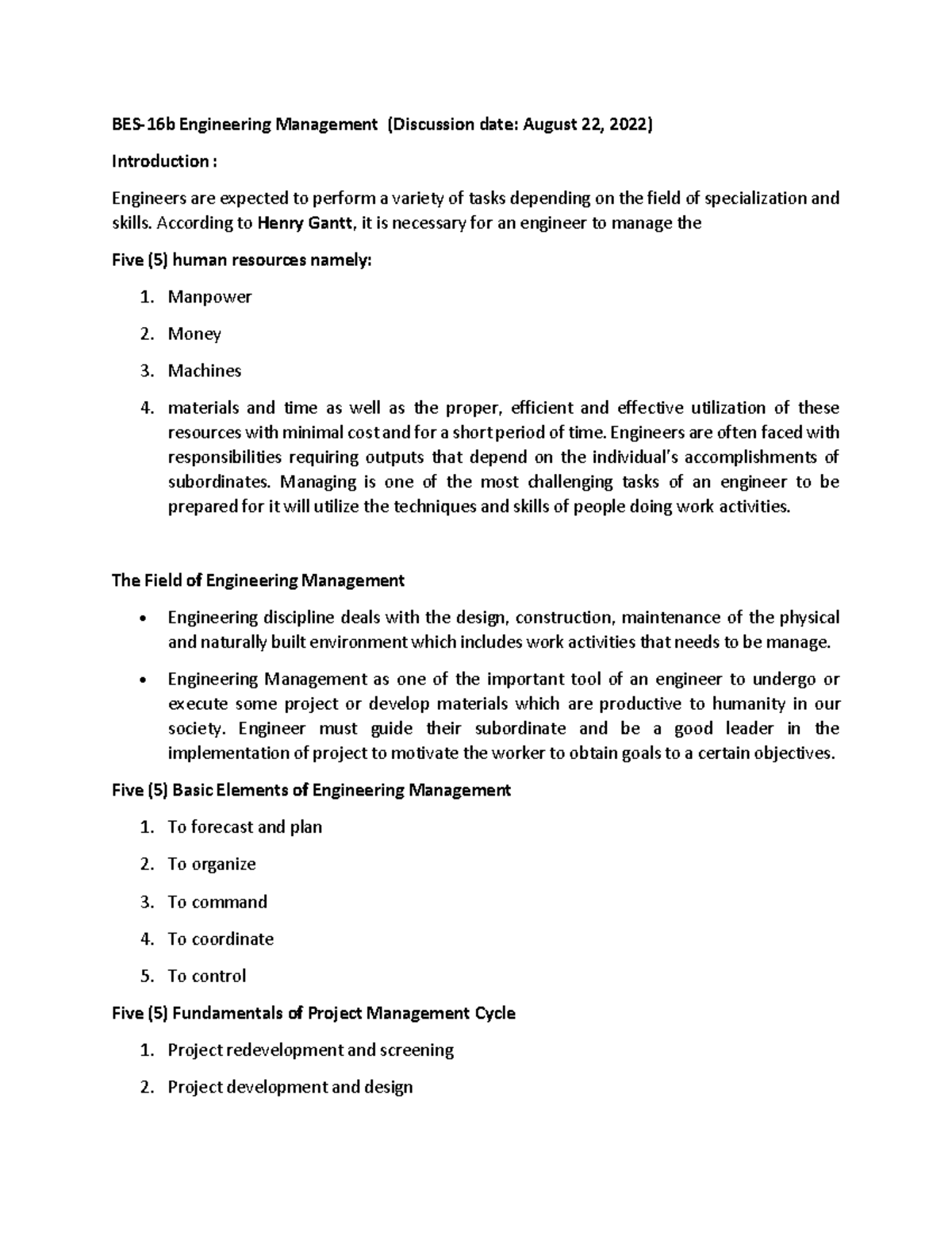 Engineering Management- Notes - BES-16b Engineering Management ...