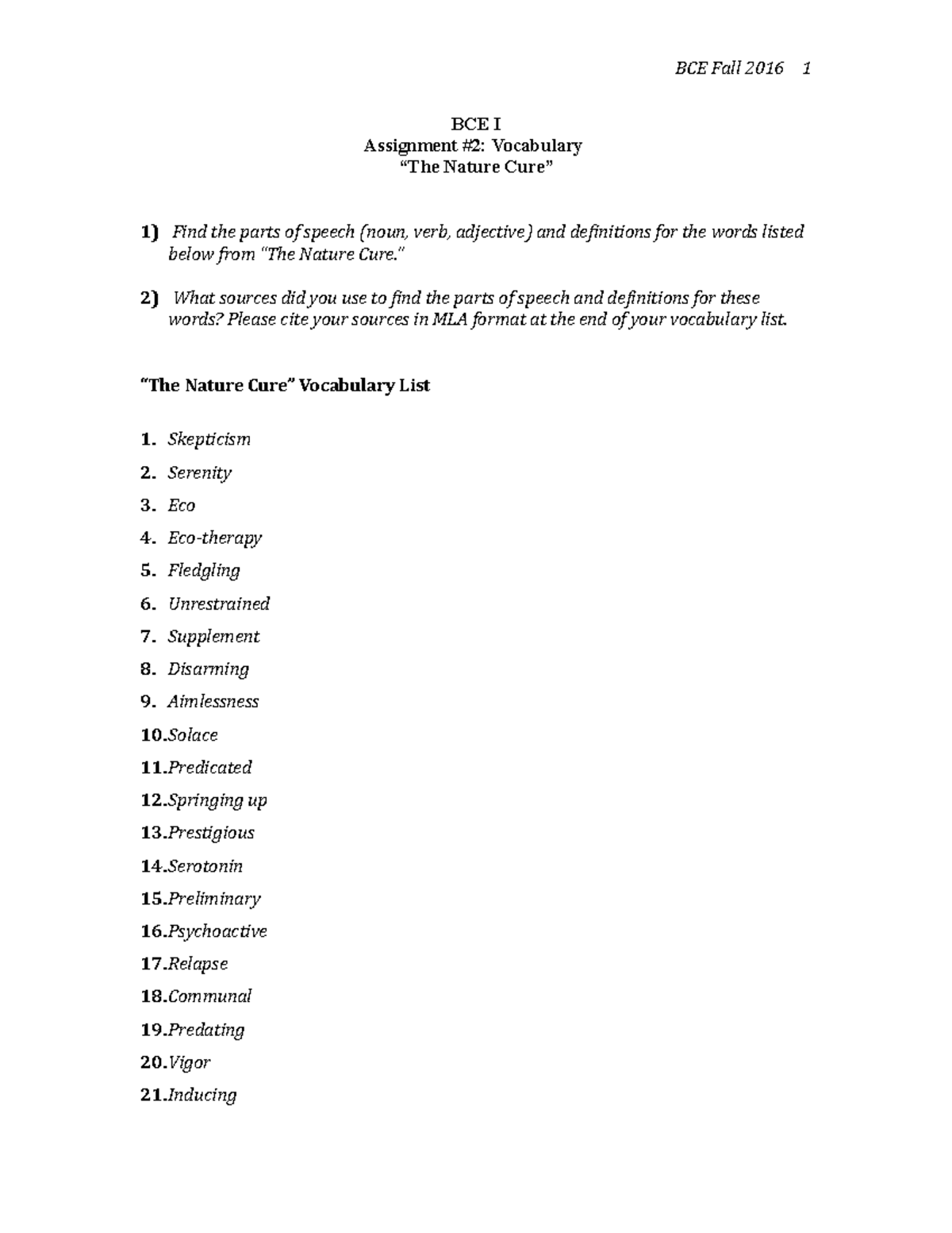 BCE I Weeks 6-7 Assignment 2 Vocabulary - BCE Fall 2016 BCE I Assignment #2: Vocabulary “The ...