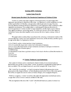 Victimology - Lecture notes - 1 - Sociology 4099: Victimology Lecture ...