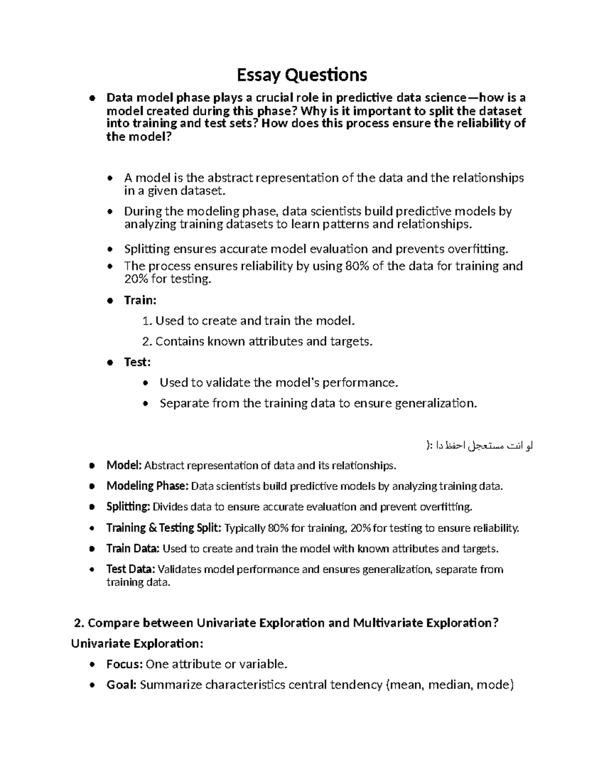 Essay Questions - bkjhh - Essay Questions • Data model phase plays a ...