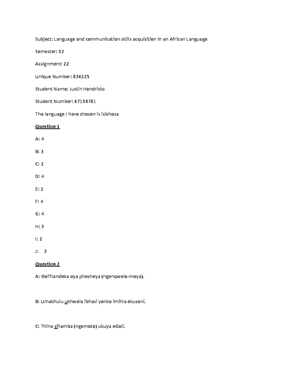 Xhosa Assignment 22 - AFL1503 notes and pack - Subject: Language and ...