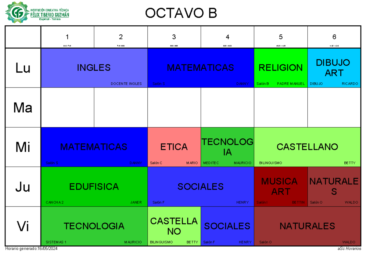 Horario Octavo B - Jjajajaja - Horario generado:16/05/2024 aSc Horarios ...