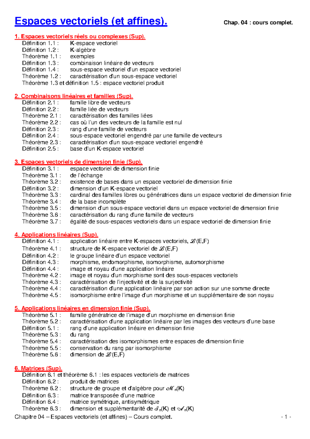 Espaces vectoriels et affines cours complet - Espaces vectoriels (et ...