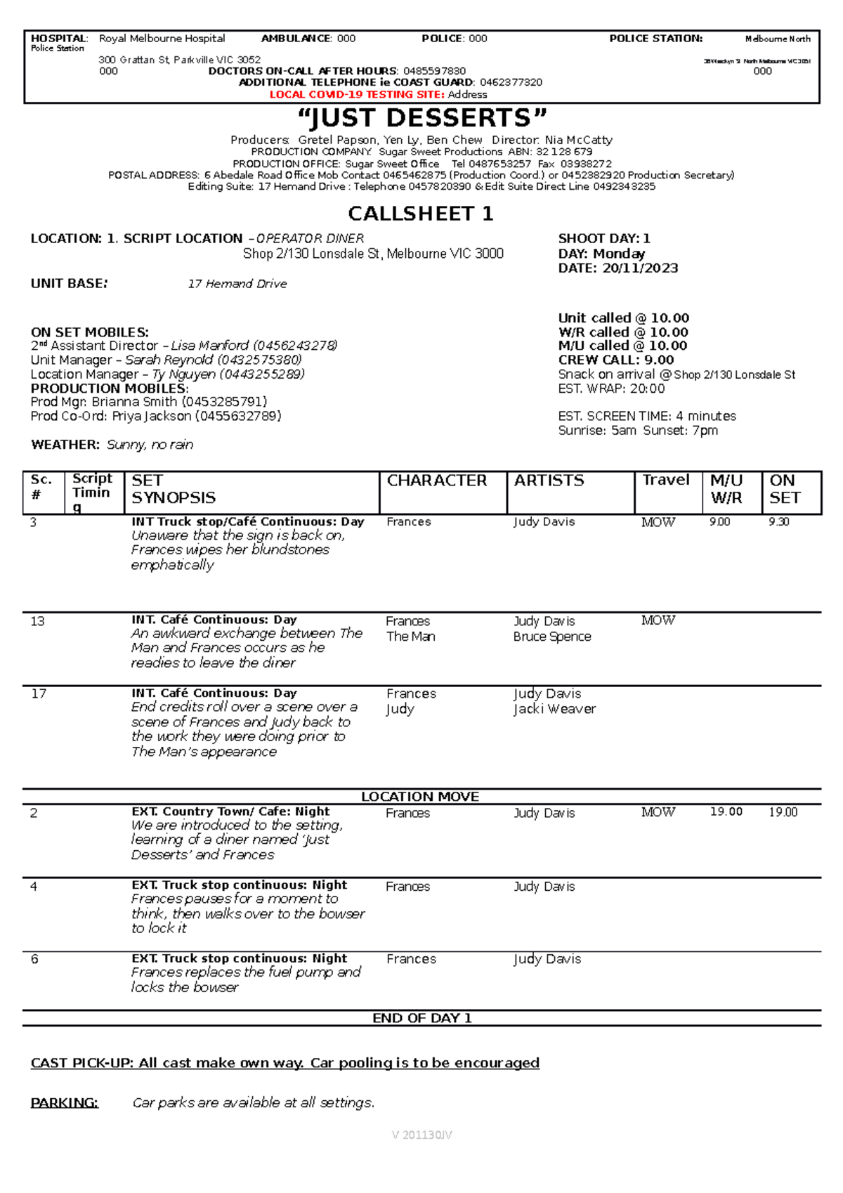 Callsheet - ffa - HOSPITAL: Royal Melbourne Hospital AMBULANCE: 000 ...