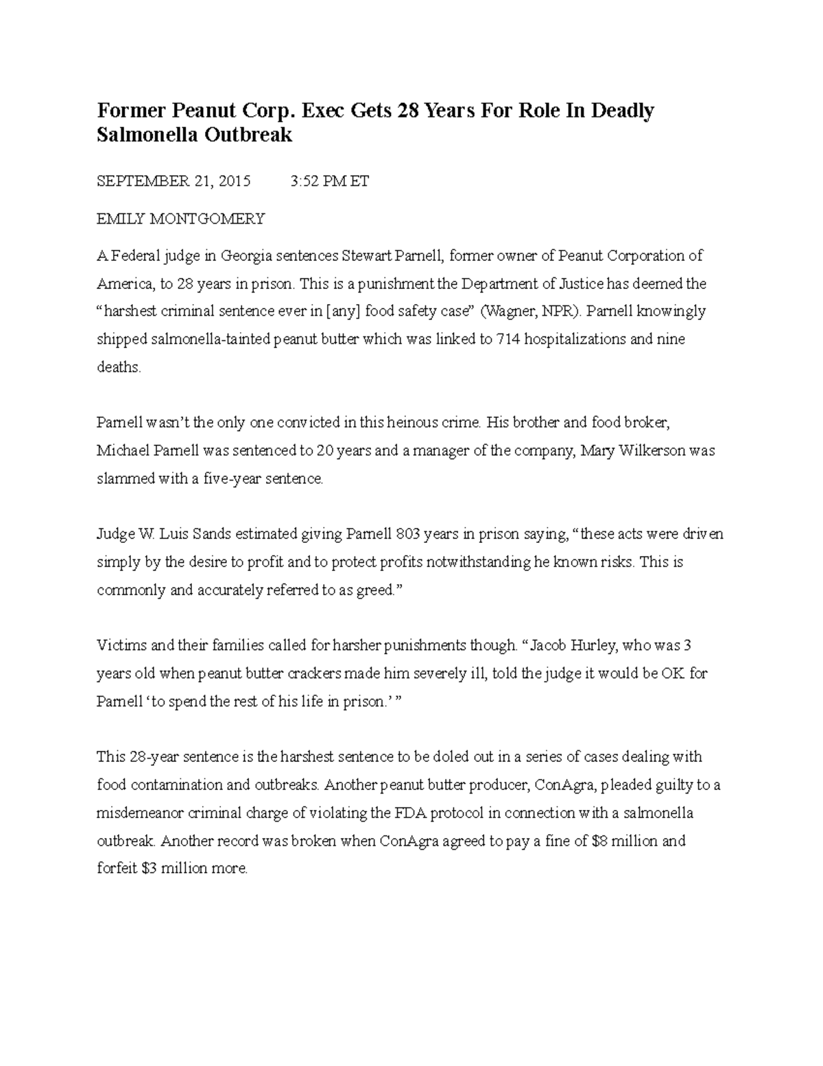 Editorial Assignment - Debate notes - Former Peanut Corp. Exec Gets 28 ...