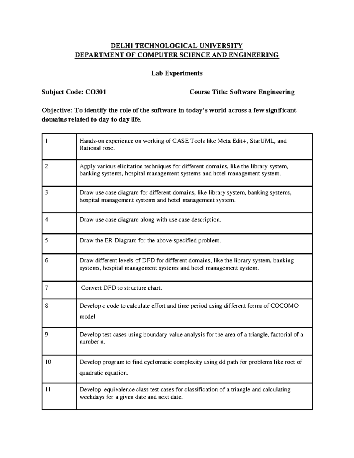 Software Engineering Lab Experiment List Delhi Technological University Department Of Computer