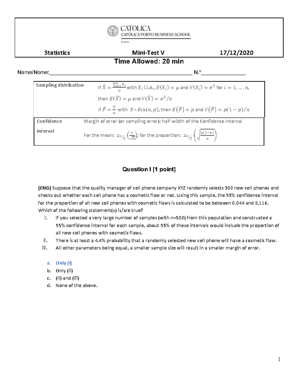 Mini Test 5 - mini teste - Statistics Mini-Test V 17/12/ Time Allowed ...