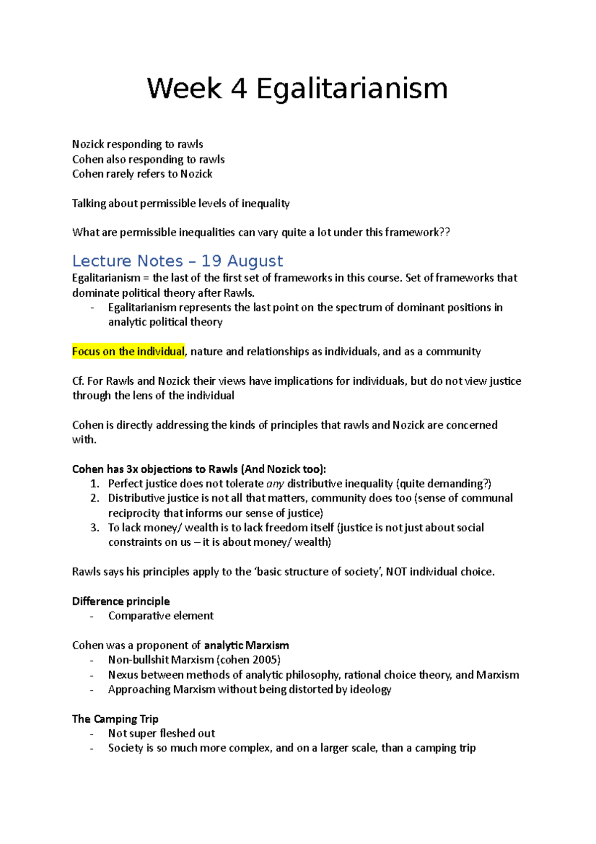 Week 4 Egalitarianism - Week 4 Egalitarianism Nozick responding to ...