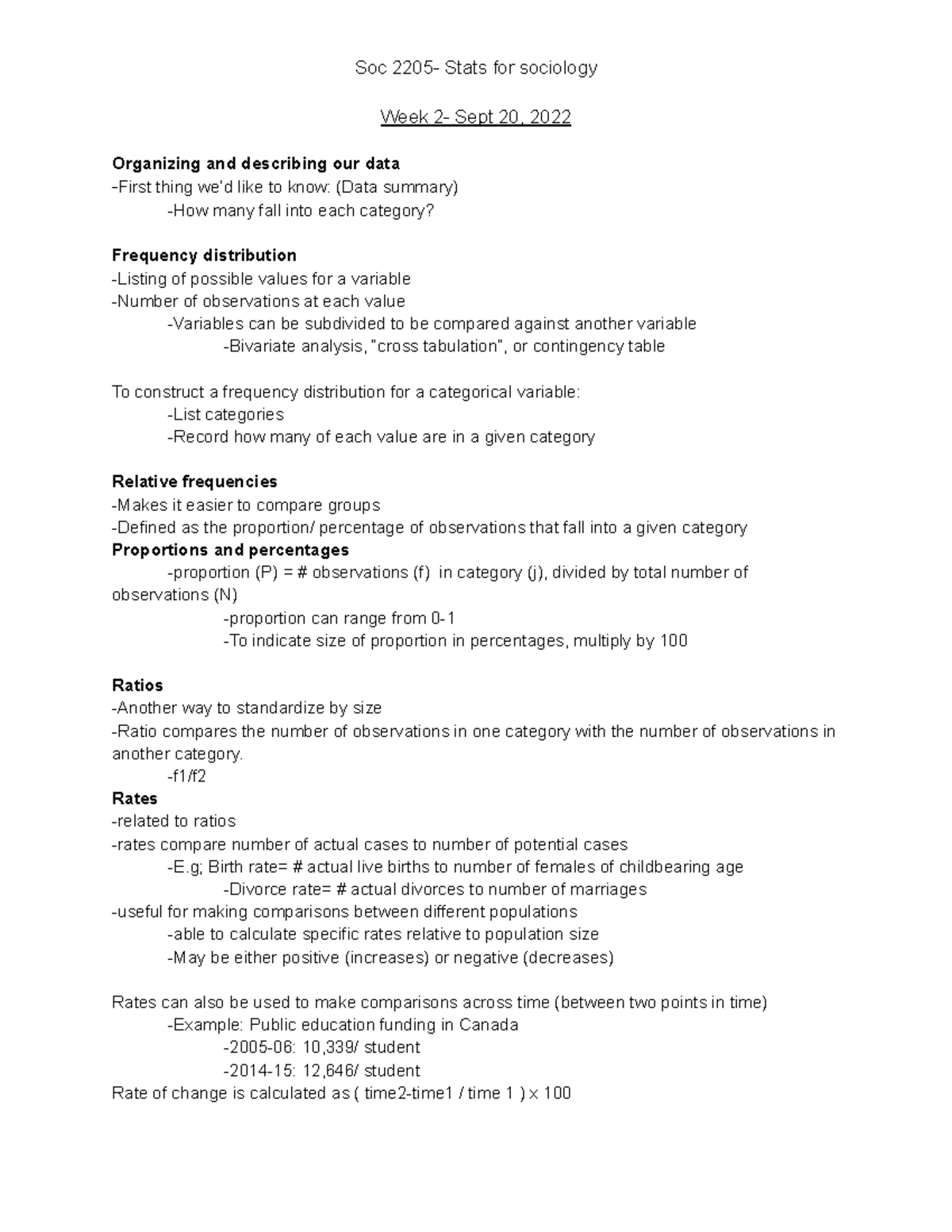 Soc stats 2205- Week 2 - Soc 2205- Stats for sociology Week 2- Sept 20 ...