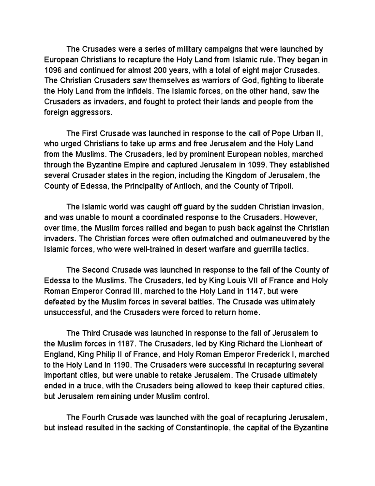 History 309 Notes - The Crusades were a series of military campaigns ...