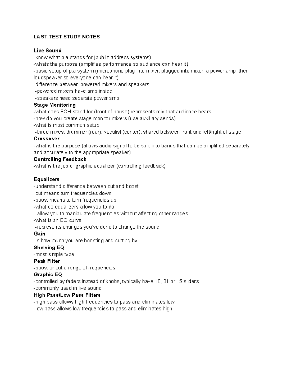 LAST TEST Study Notes - LAST TEST STUDY NOTES Live Sound -know what p ...