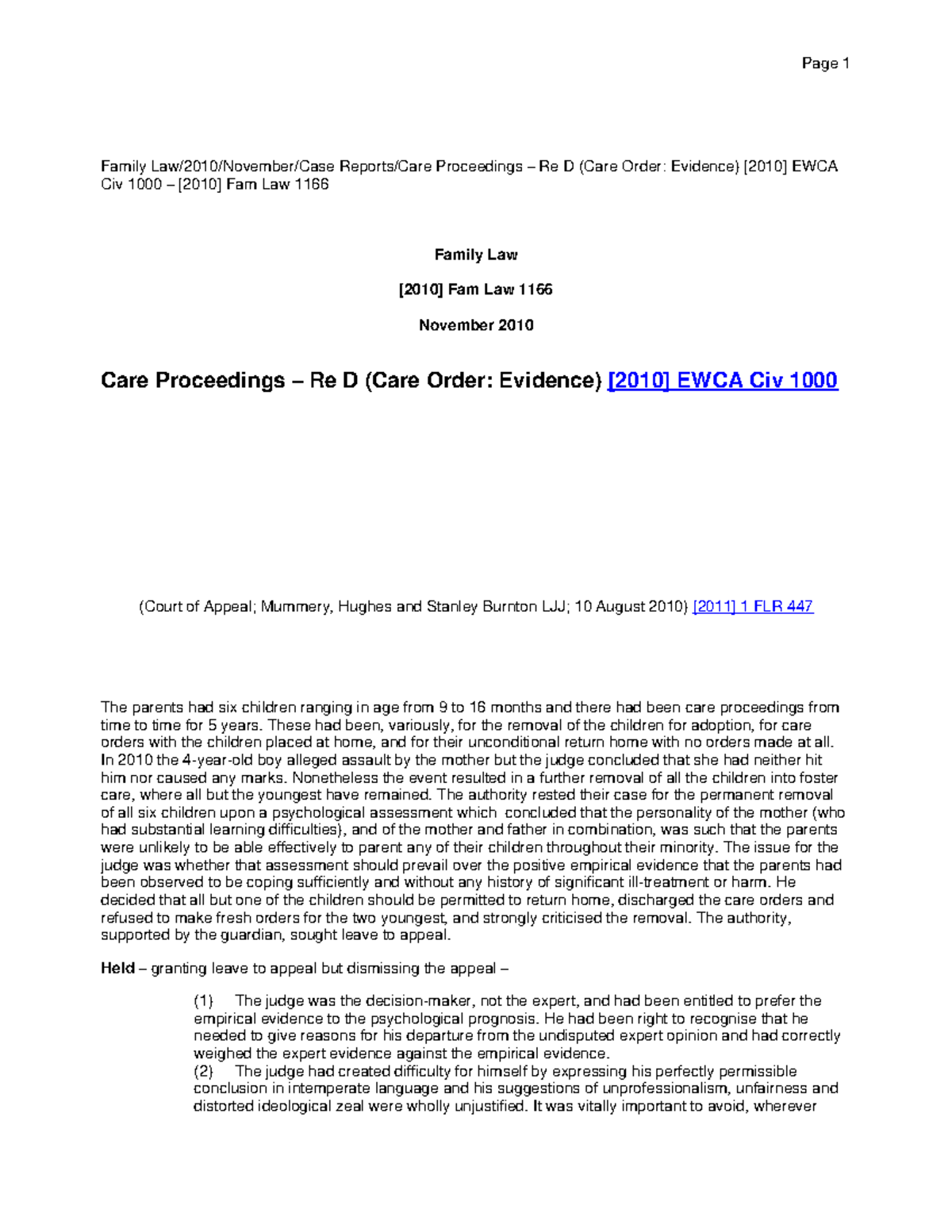 Care Proceedings - Re D (Care Order Evidenc - Family Law/2010/November ...