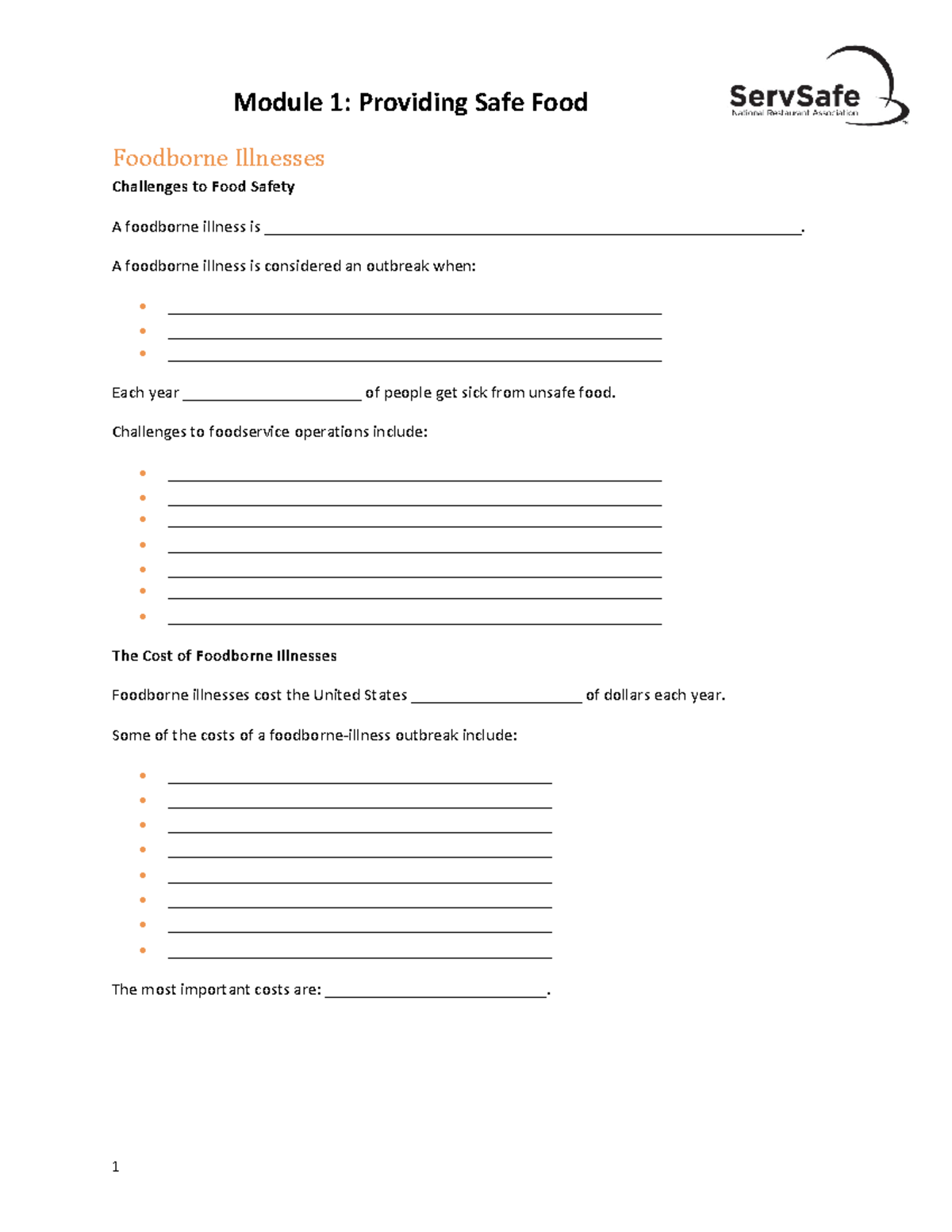 Note Taking Guide - Module 1: Providing Safe Food Foodborne Illnesses ...