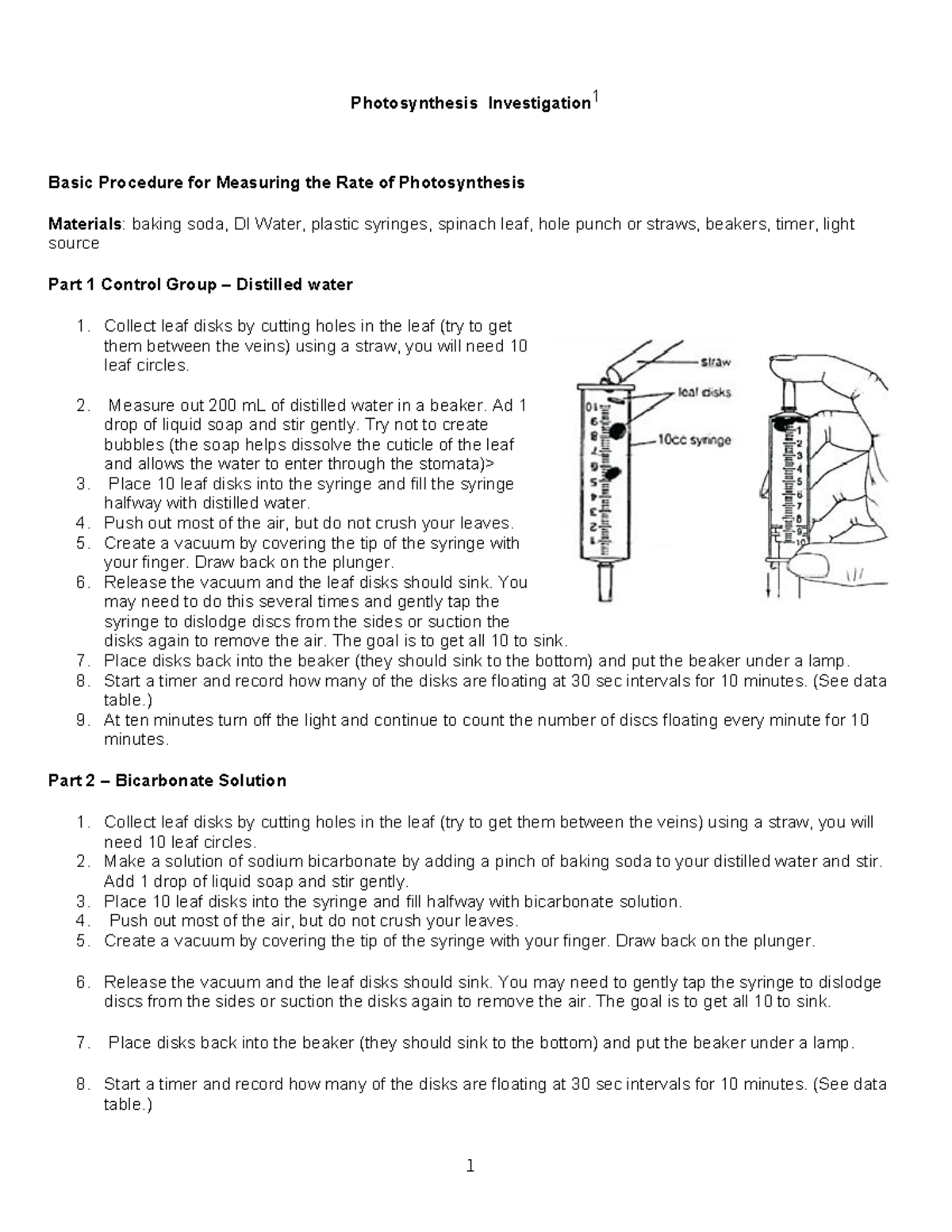 Spinach lab 2023docx - Just dont copies - Photosynthesis Investigation 1 Basic Procedure for ...
