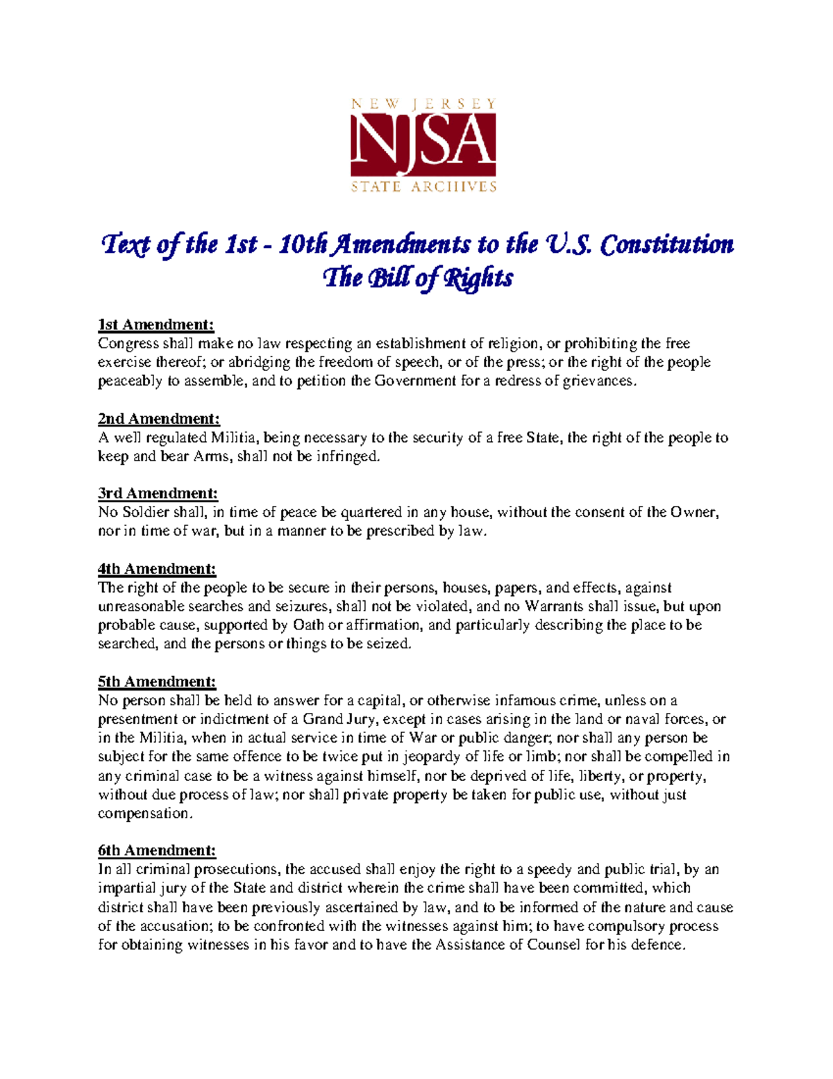 Amendments - Constitution The Bill of Rights 1st Amendment: Congress ...