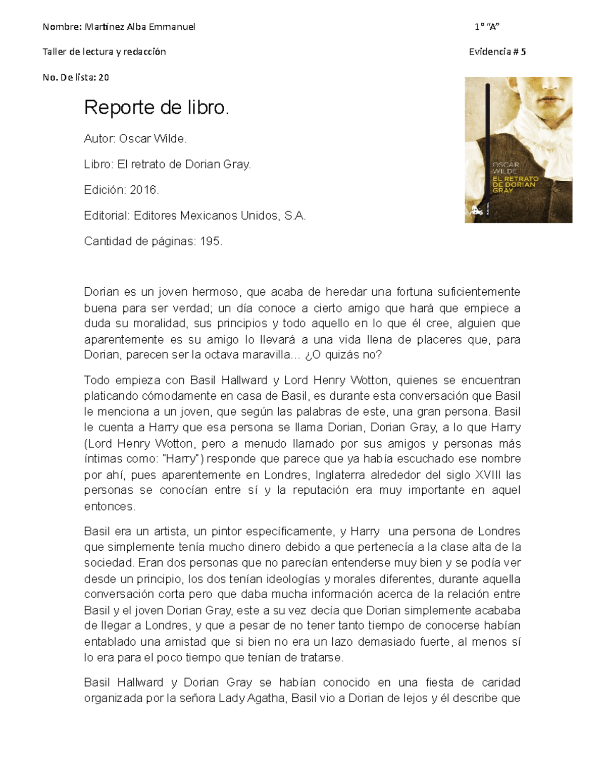 Reporte de libro - Nombre: Alba Emmanuel Taller de lectura y Evidencia ...