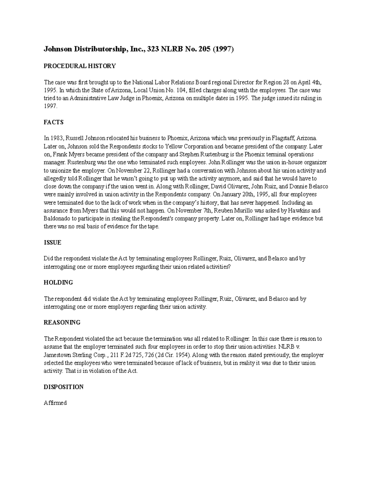 Case Brief 3 - ENG 306 - Johnson Distributorship, Inc., 323 NLRB No ...