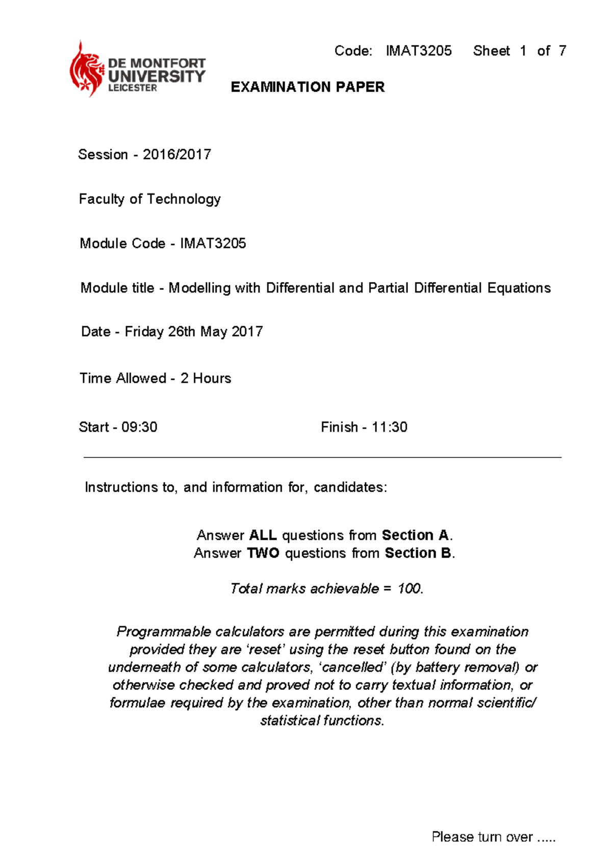 IMAT3205 2017 Exam - EXAMINATION PAPER Session - 2016/ Faculty of ...