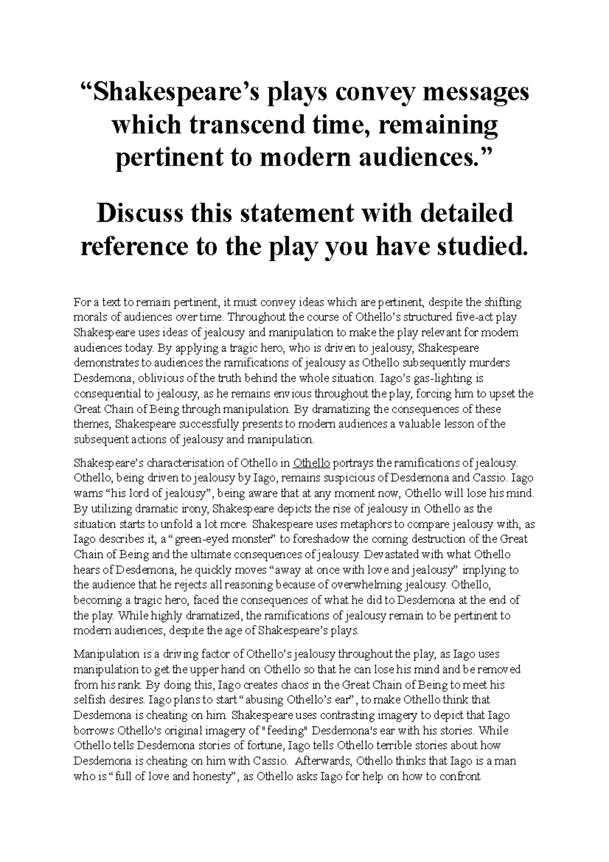 Shahneel Salaque - Year 10 Shakespeare Essay Draft 1 - “Shakespeare’s ...