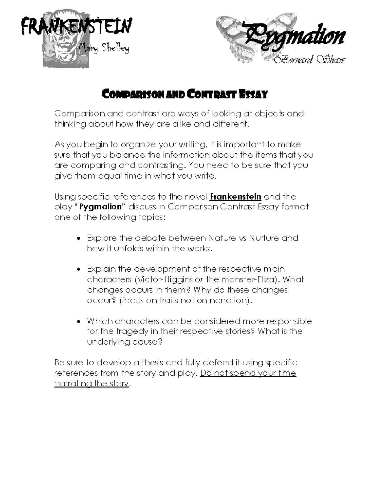 Assignment-C&C Pygmalion&Frankenstein - Pygmalion Bernard Shaw FRANKENSTEIN Mary Shelley ...