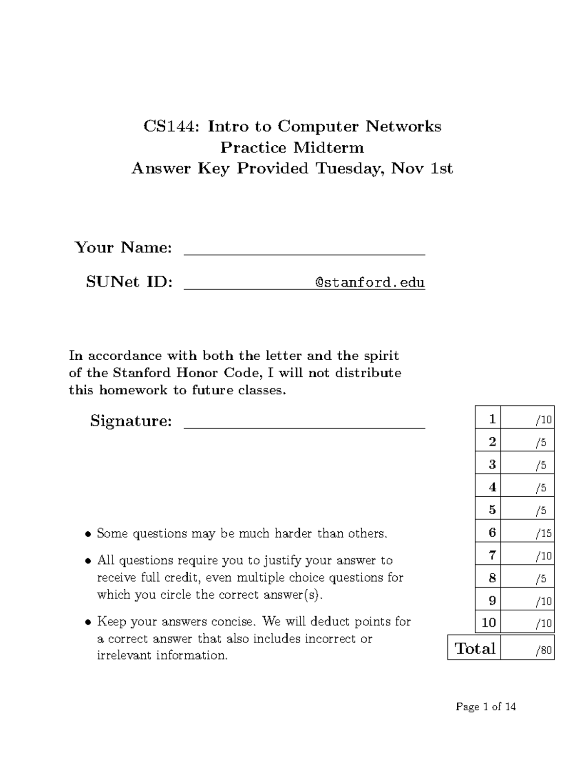 Cs144practicemidterm - CS144: Intro to Computer Networks Practice Midterm Answer Key Provided ...