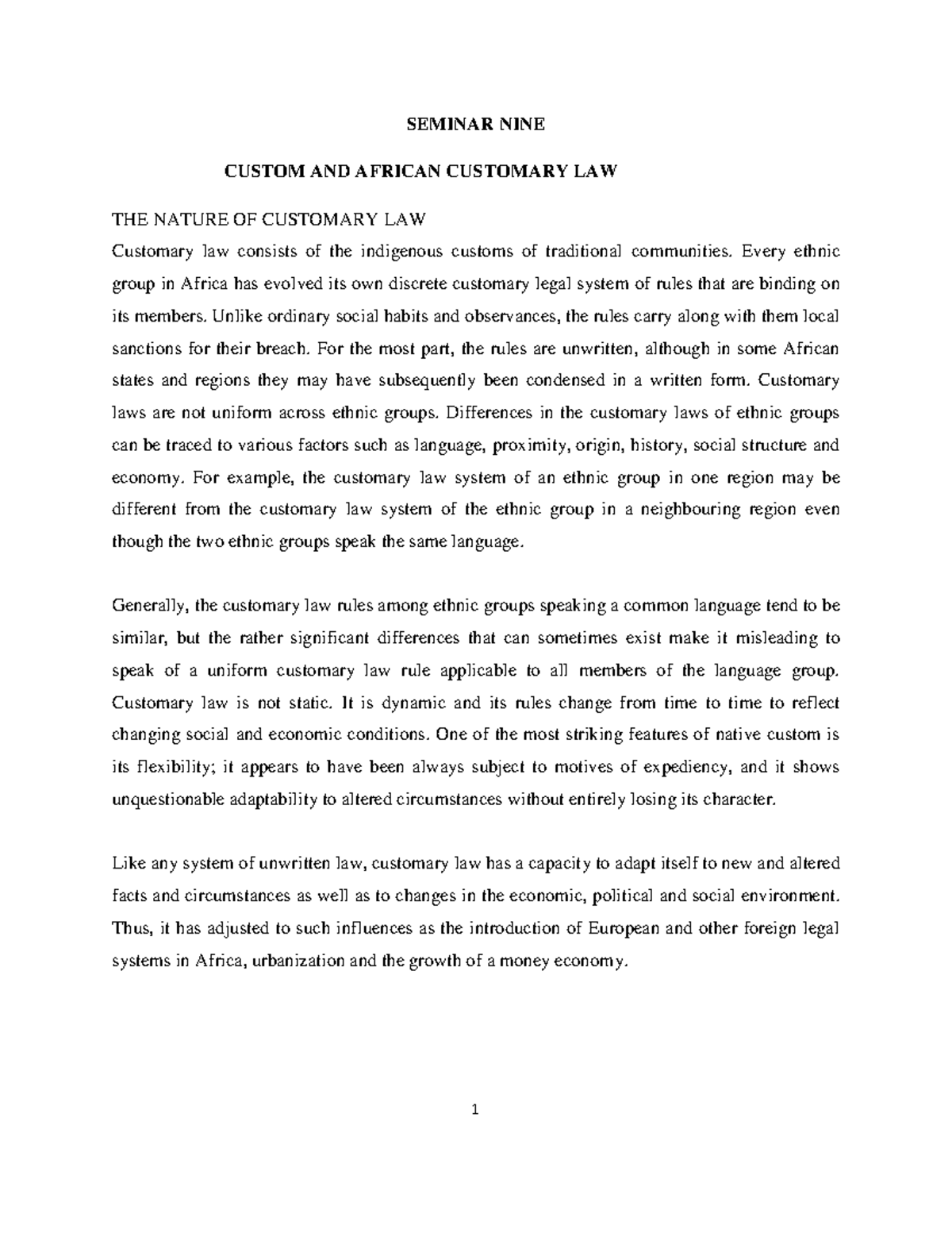 Seminar NINE - Custom AND Customary LAW - SEMINAR NINE CUSTOM AND ...