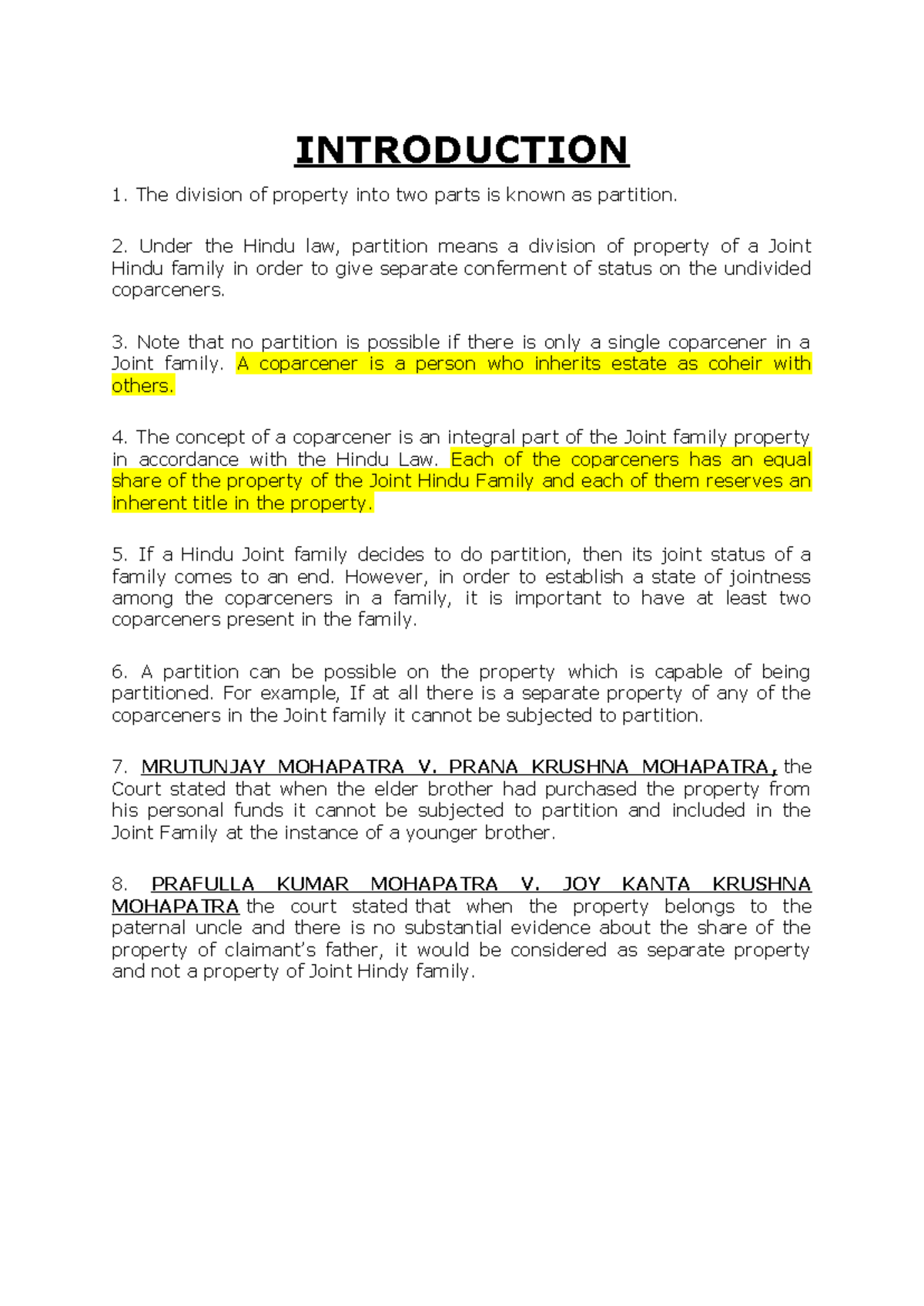 Partition - notes - INTRODUCTION 1. The division of property into two ...