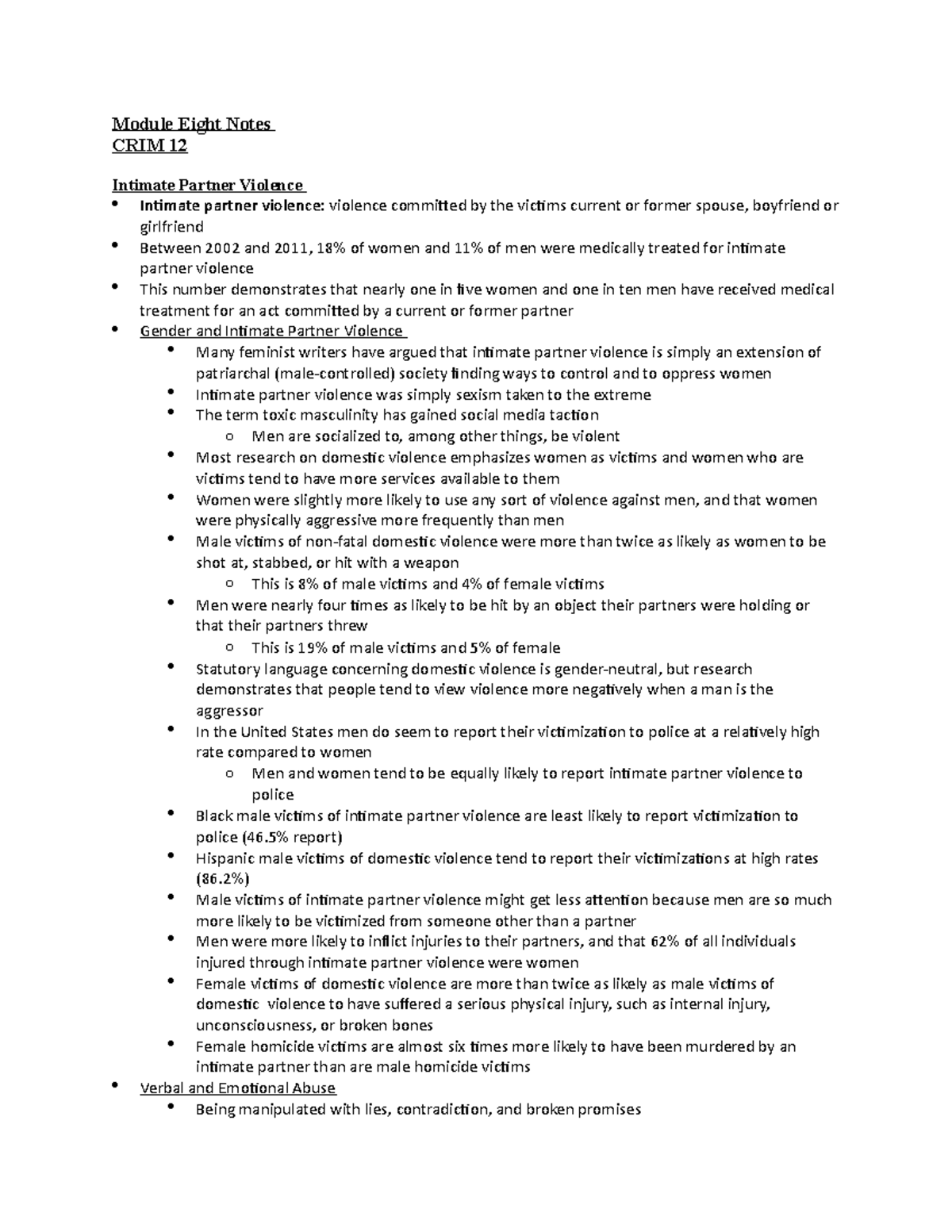 Module Eight Notes - Module Eight Notes CRIM 12 Intimate Partner ...